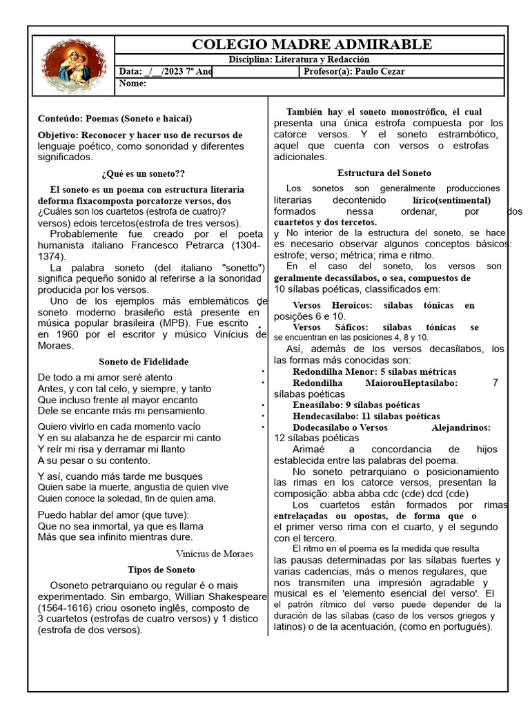 7º grado - Poemas - soneto y haiku | PDF | Sonetos | Metro (poesía)