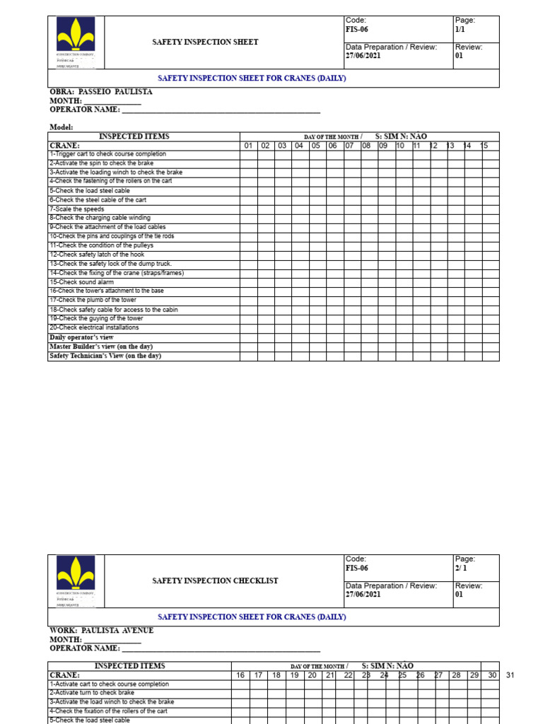 Daily Crane Checklist | PDF | Crane (Machine) | Manufactured Goods