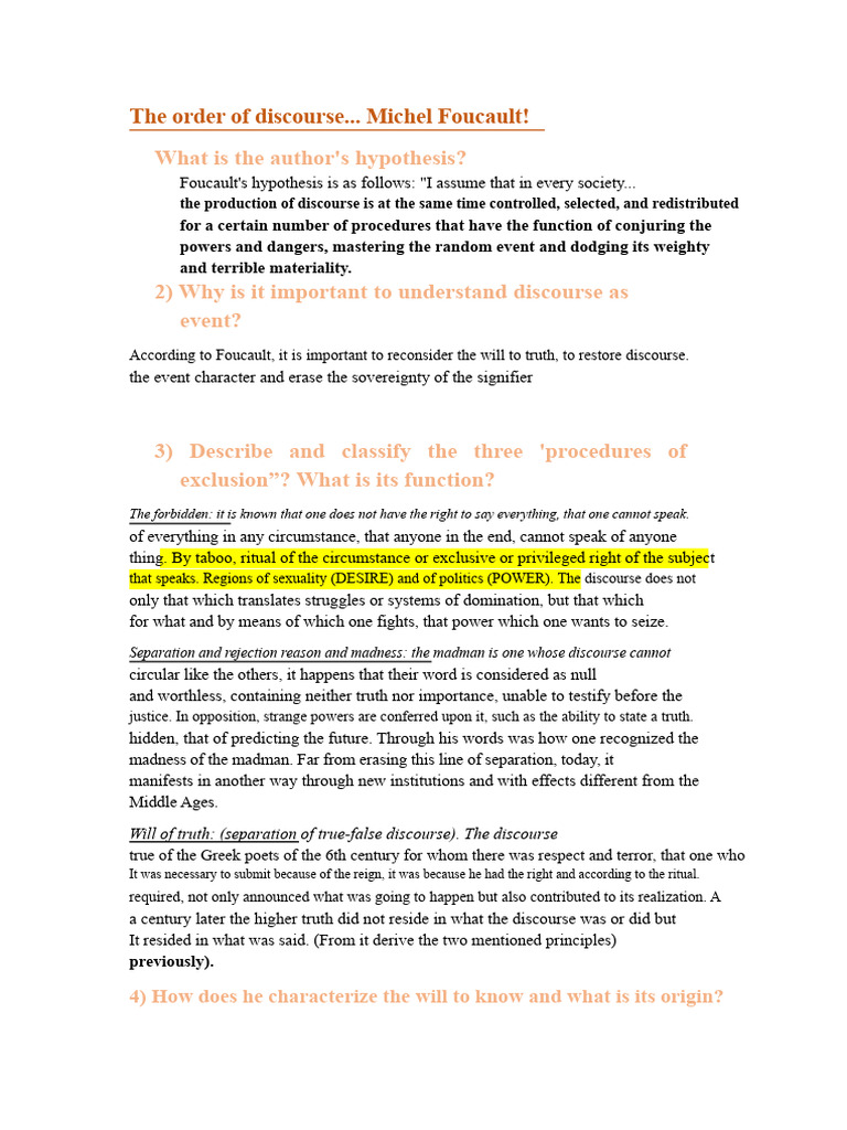 Summary of Foucault's The Order of Discourse | PDF | Discourse | Michel ...