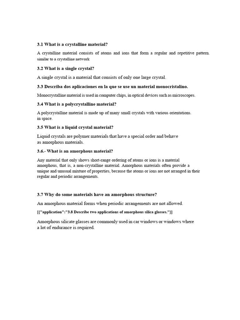 Questionnaire Unit 3 Materials Science | PDF | Crystal | Amorphous Solid