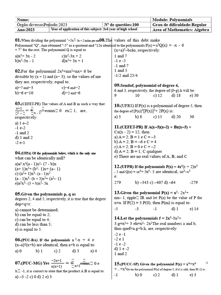 Review 04 | PDF | Polynomial | Arithmetic
