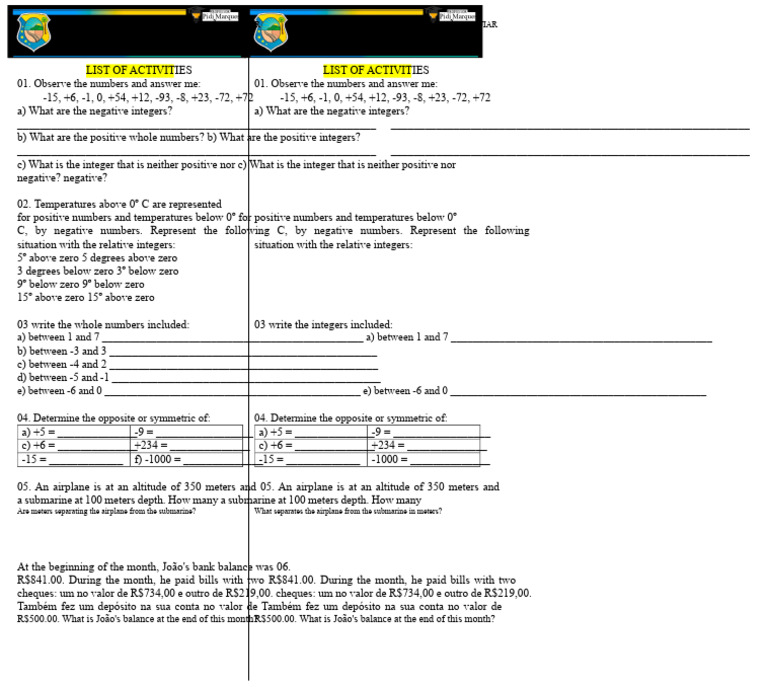 ACTIVITY ON INTEGER NUMBERS | PDF