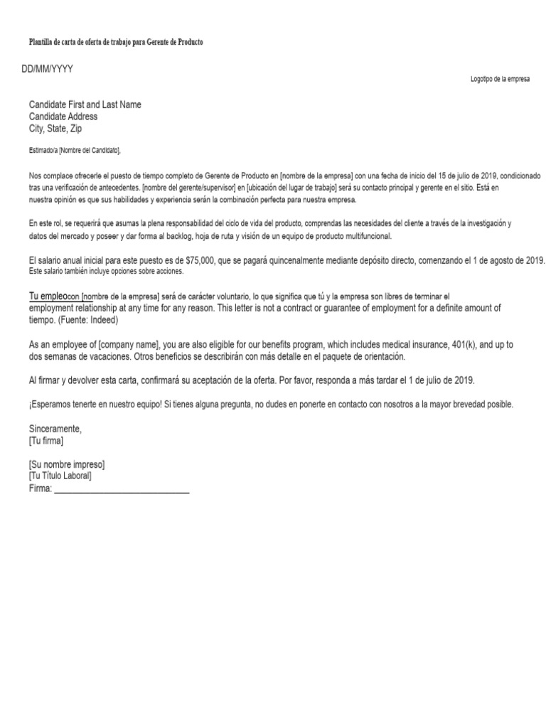 Plantilla de Carta de Oferta de Trabajo | PDF | Salario | Business