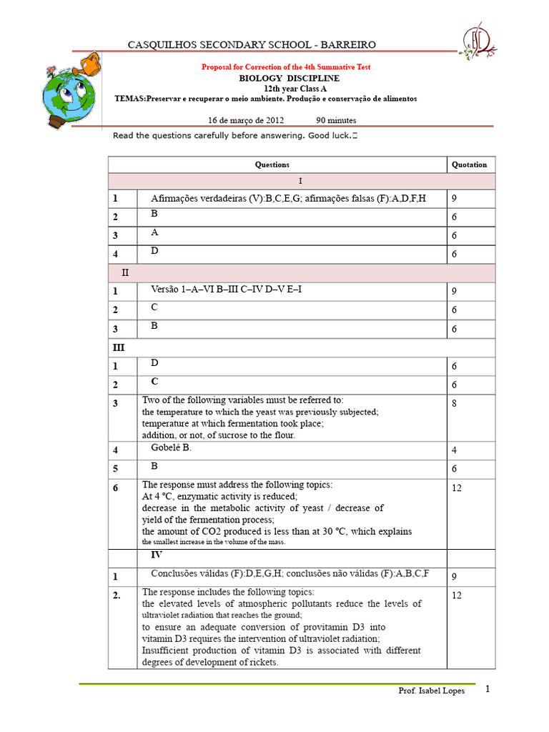 Bio 12 - Barreiro - Test 4 - Isabel Lopes CC | PDF