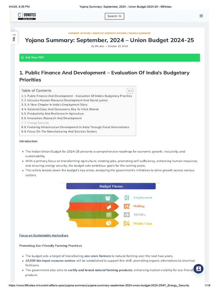 Yojana Summary_ September, 2024 - Union Budget 2024-25-99Notes | PDF ...