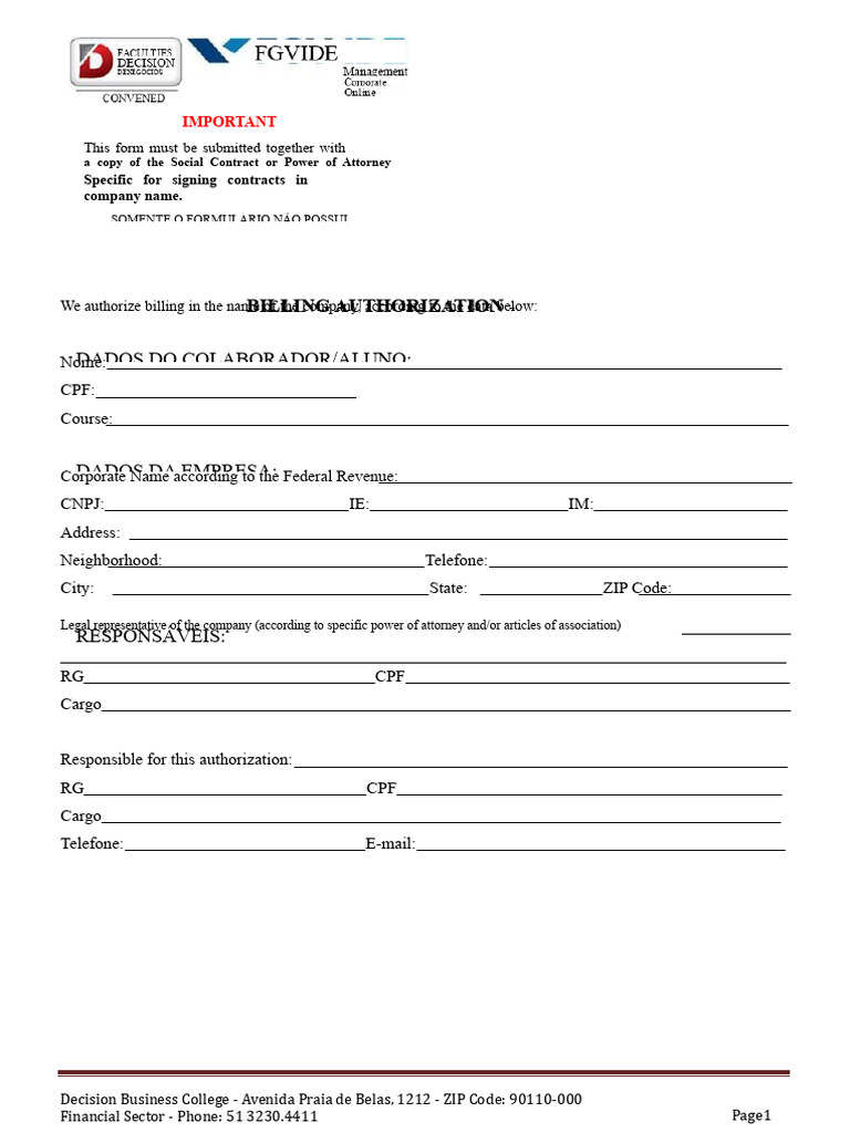 Company Billing Authorization Form | PDF | Invoice