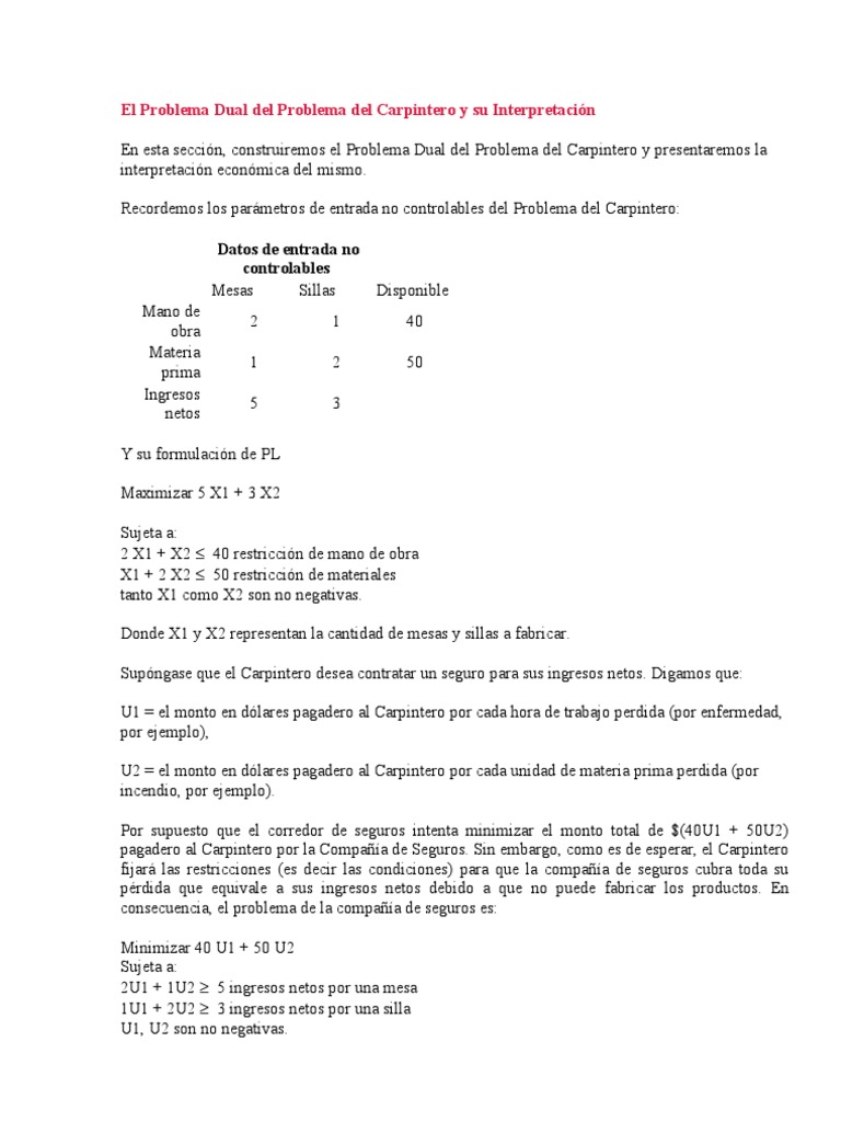 El Problema Dual Del Problema Del Carpintero y Su Interpretacion | PDF | Programación lineal ...
