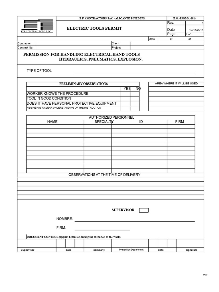 Electric Tools Handling Permit Form | PDF