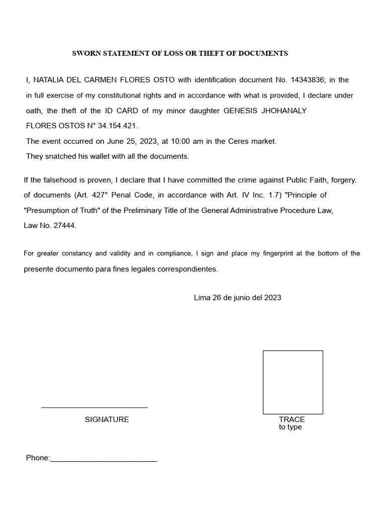 Sworn Statement of Document Theft | PDF