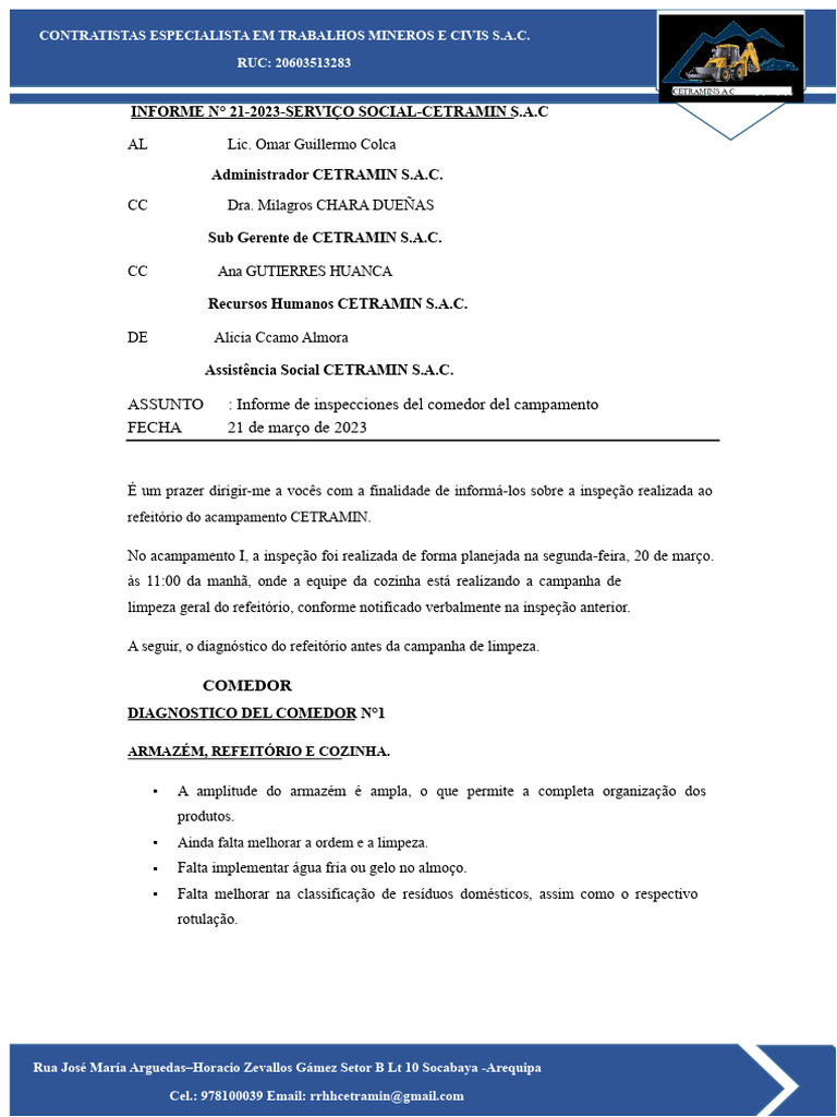 Inspeção do Refeitório CETRAMIN S.A.C. | PDF