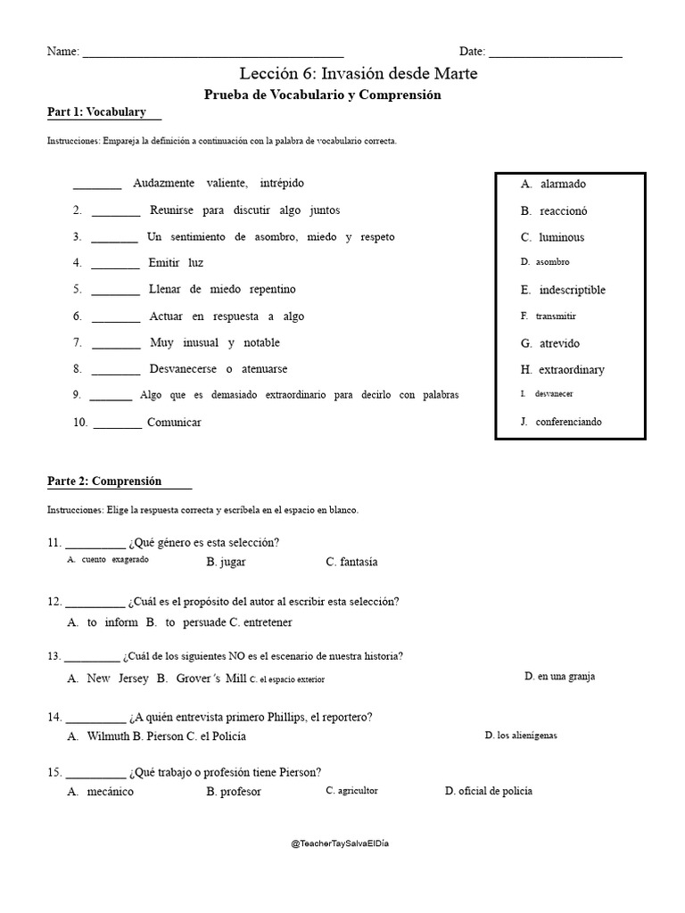 Lección 6 de 4to Grado Viajes Invasión de Marte Prueba de Vocabulario y ...