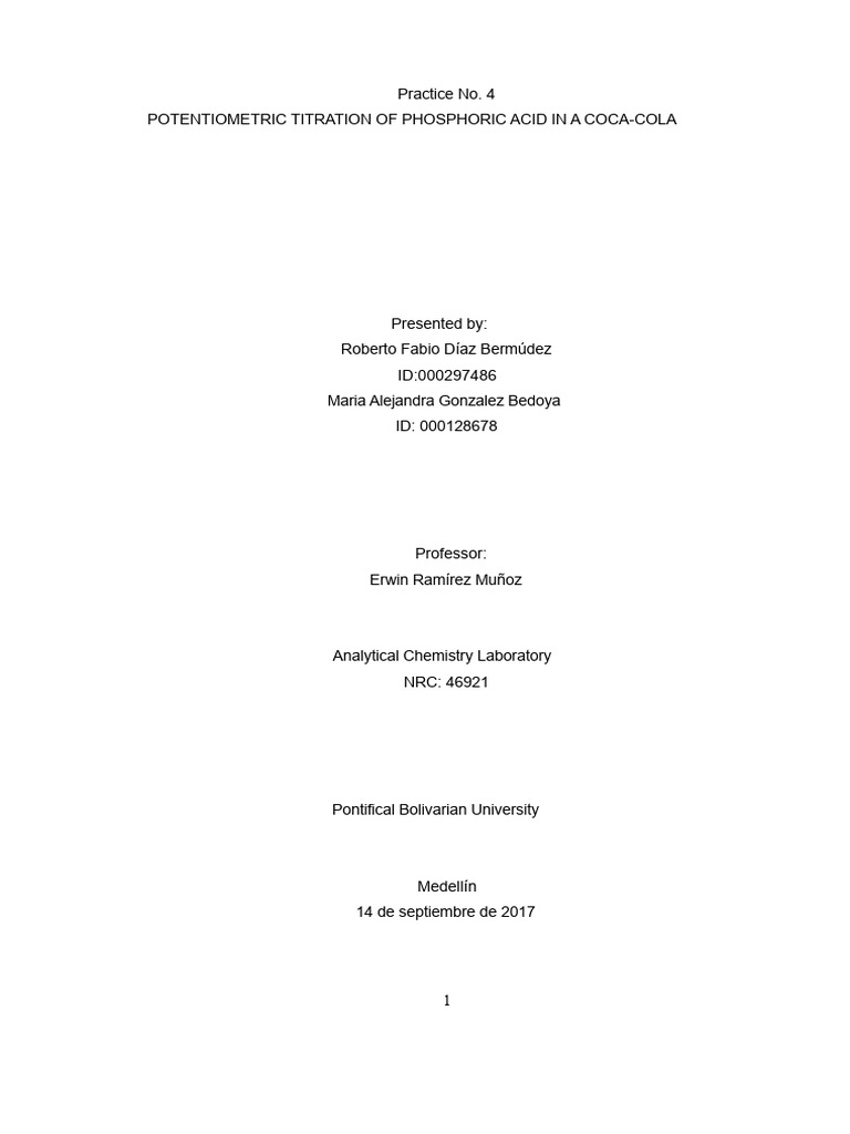 Potentiometric titration of Coca-Cola | PDF | Titration | Chemistry