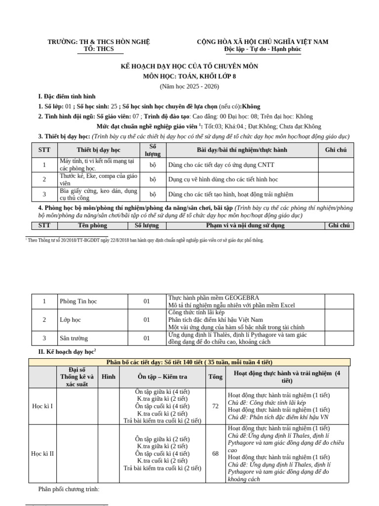KHDH (Phụ Lục 1) Toán 8 - Nguyễn Thanh Thủy | PDF