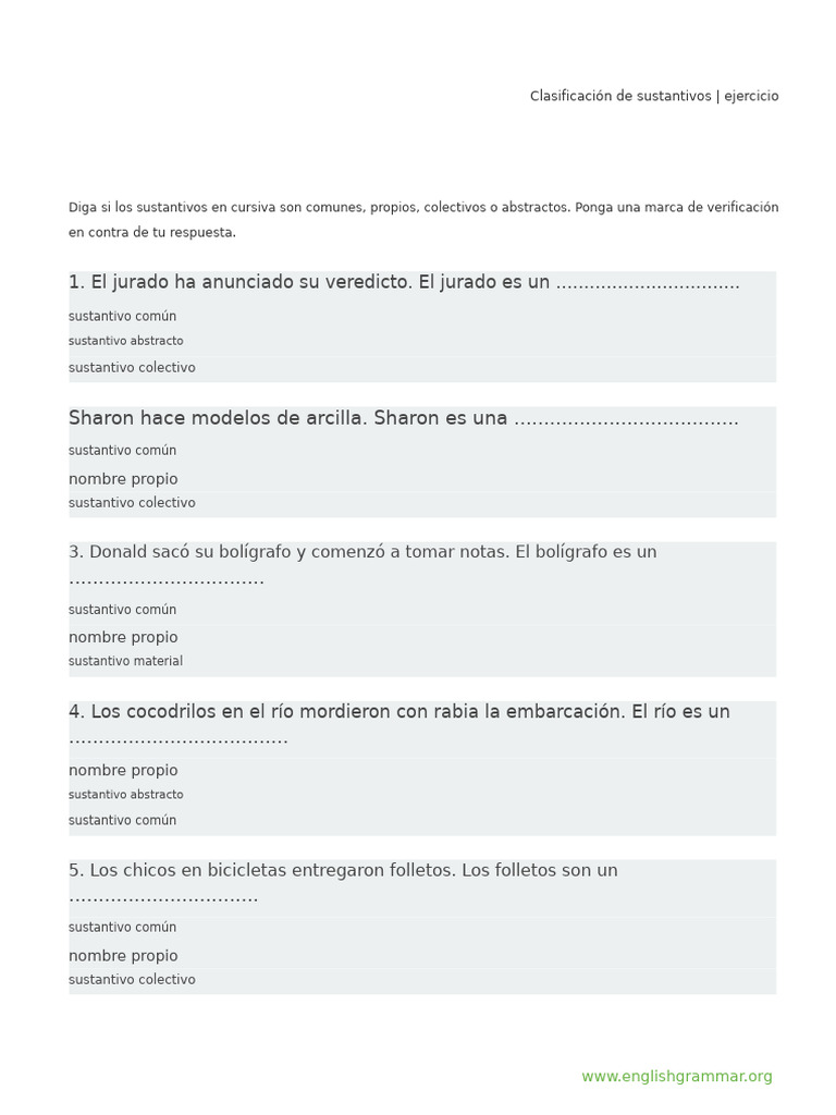 Clasificación Del Ejercicio de Sustantivos | PDF | Sustantivo
