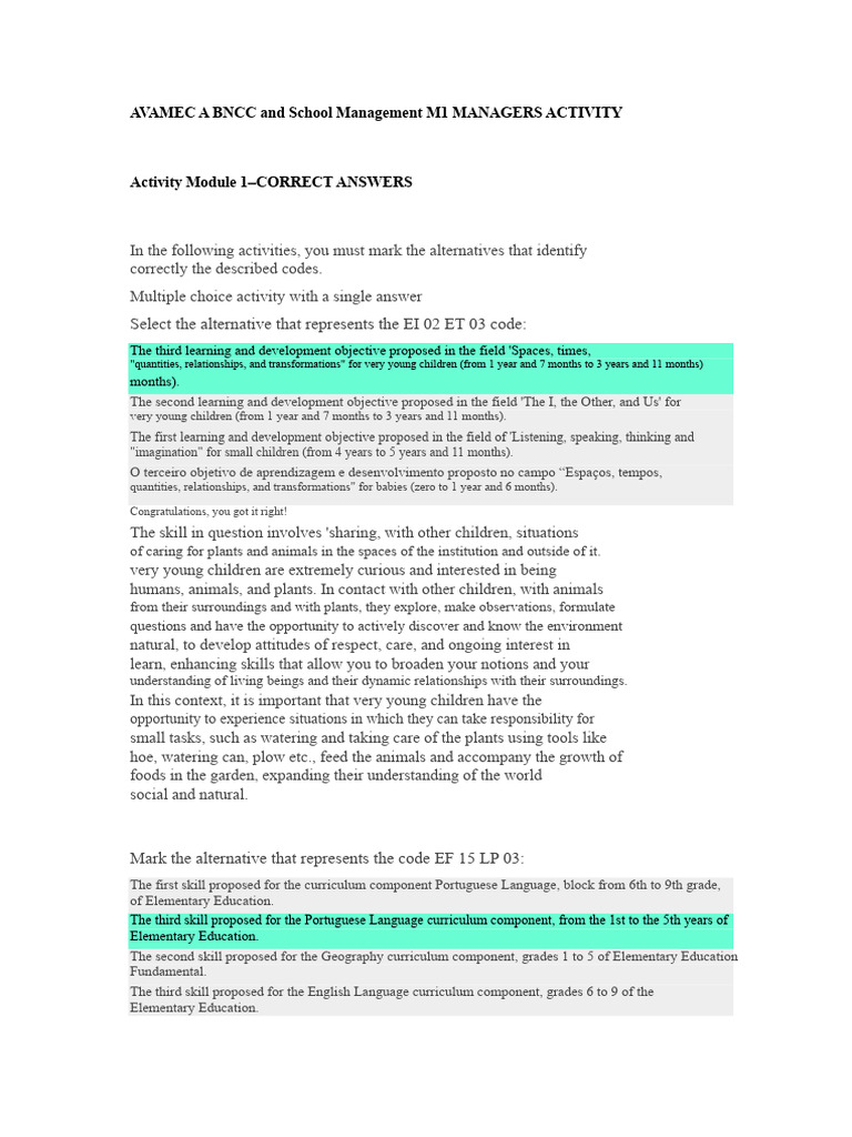 AVAMEC BNCC and School Management M1 ACTIVITY MANAGERS ALL RIGHT | PDF ...
