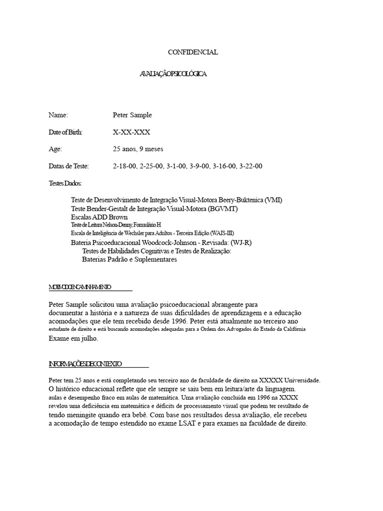 Avaliação Psicológica de Peter Sample | PDF | Aprendizado | Matemática