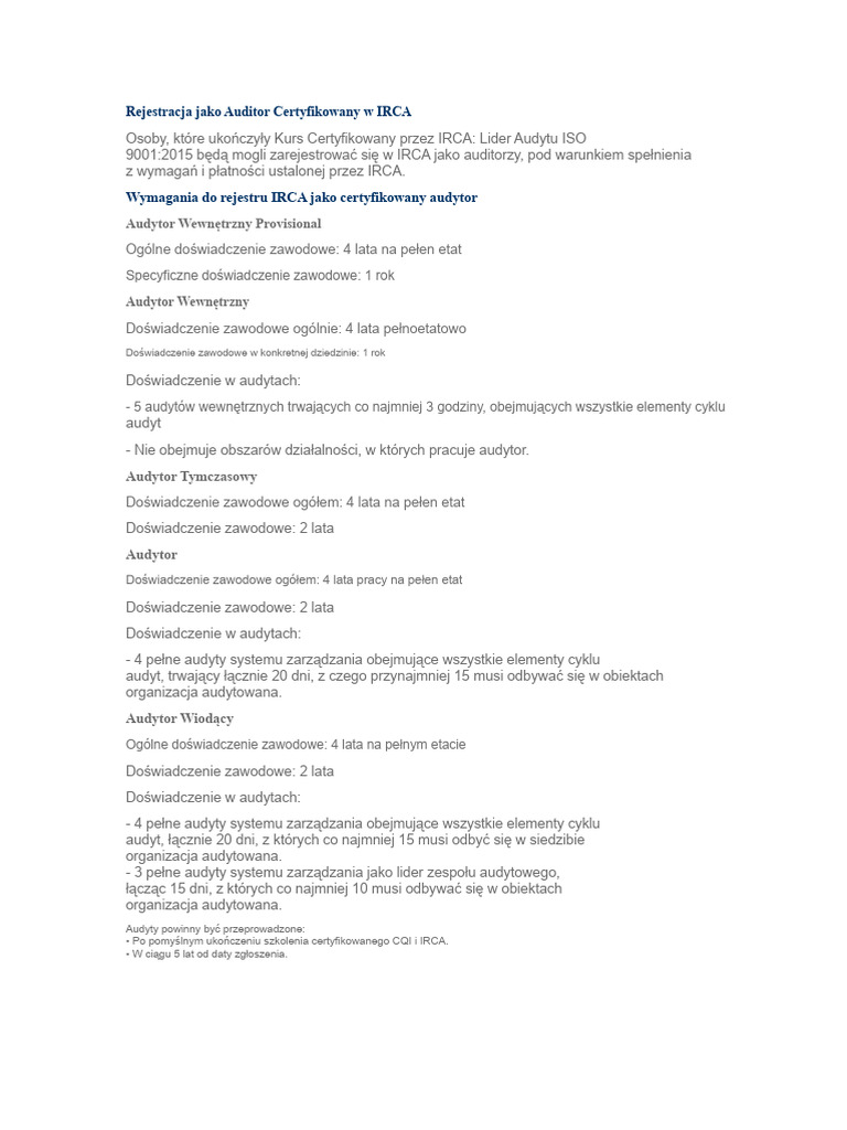 Wymagania do certyfikacji IRCA | PDF