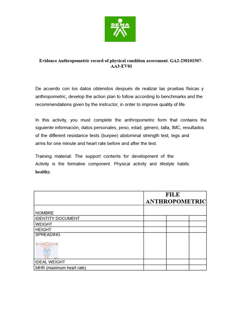 Annex to the anthropometric file and evaluation of the physical ...