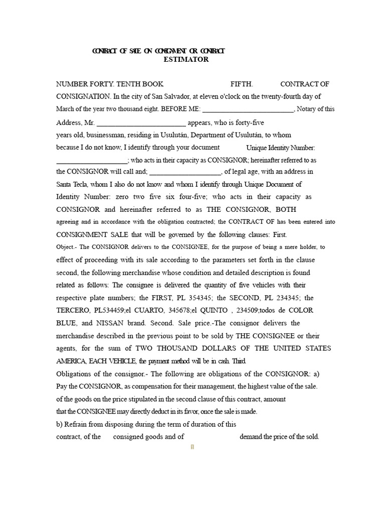 Consignment Sale Agreement or Estimatory Contract | PDF | Breach Of ...