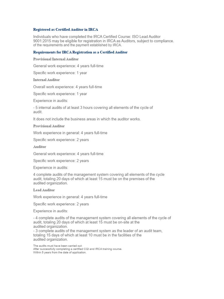 Requirements For IRCA Certification | PDF