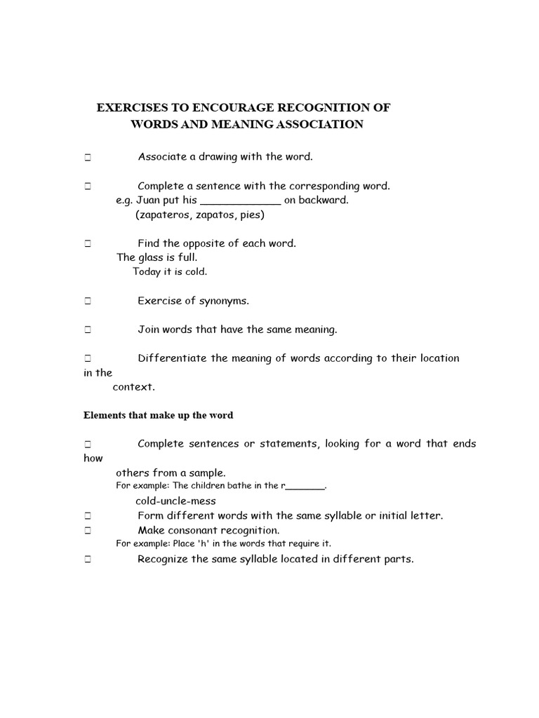 EXERCISES TO ENCOURAGE WORD RECOGNITION AND MEANING ASSOCIATION | PDF