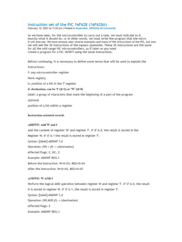 Instruction Set of the PIC 16F628 | PDF | Computer Architecture ...