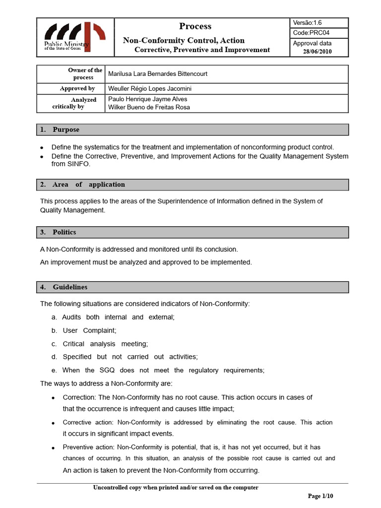 Model of Procedure for Non-conformity Control, Corrective Action, Preventive Action and ...
