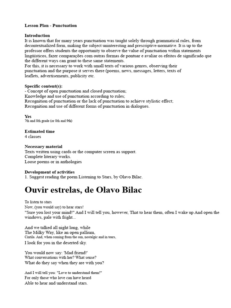 Punctuation Lesson Plan for Grades 7-9 | PDF | Punctuation | Poetry