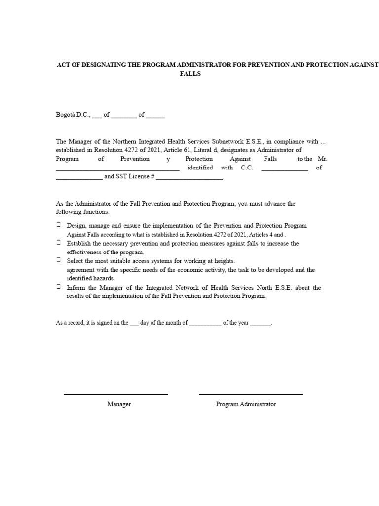 MODEL ACT OF APPOINTMENT OF ADMINISTRATOR OF THE FALL PREVENTION AND ...