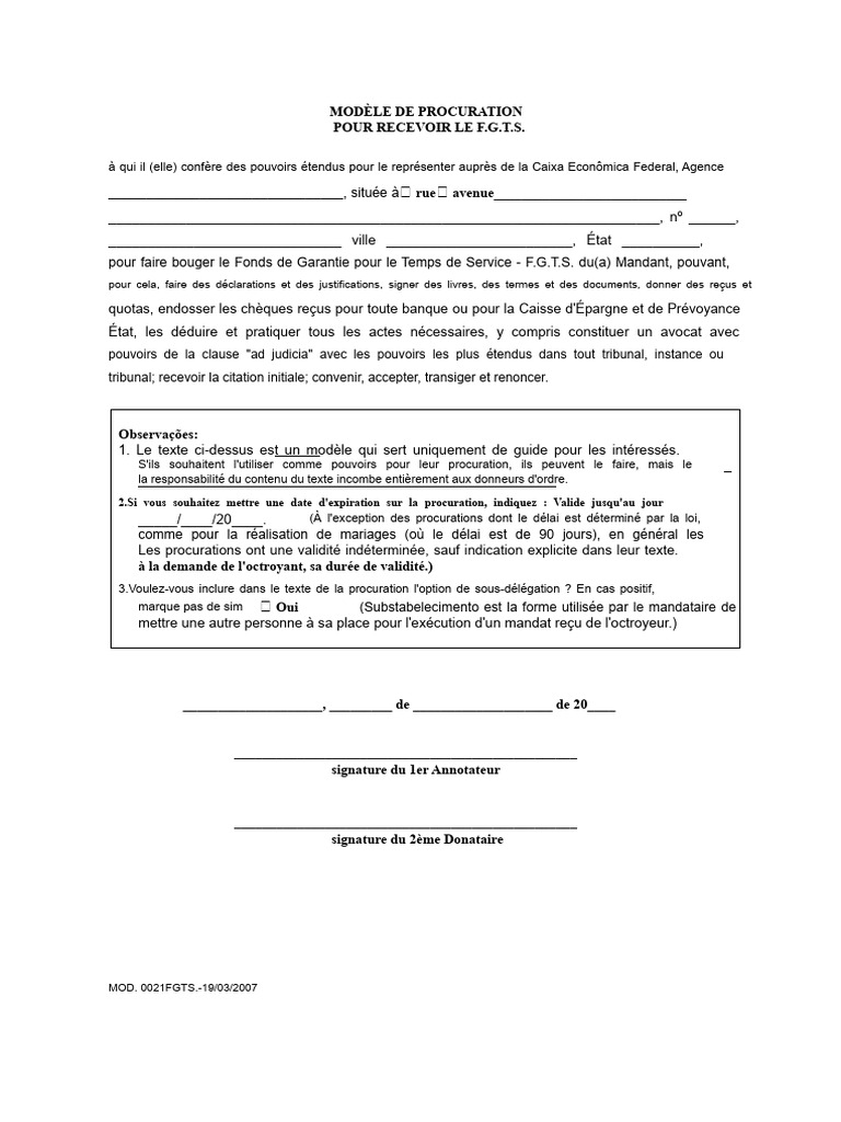 Modèle de procuration pour F.G.T.S. | PDF | Justice | Crime et violence