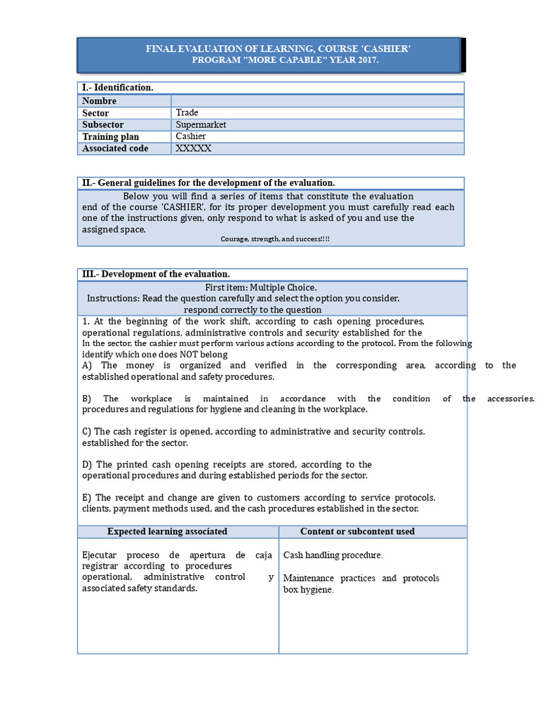 Cashier Evaluation Instrument | PDF | Barcode | Receipt