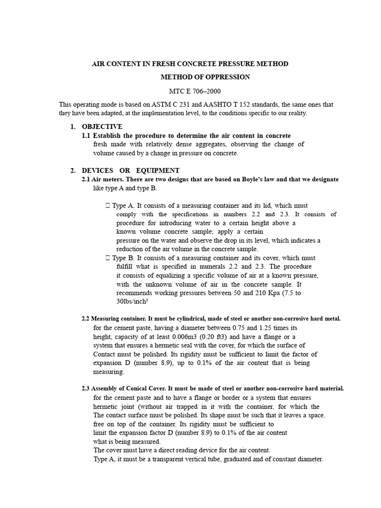 Measuring Air Content in Fresh Concrete | PDF | Calibration | Pressure ...