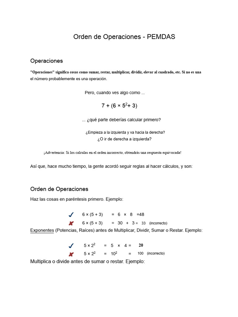 8 Orden de Operaciones Pemdas | PDF | División (Matemáticas ...
