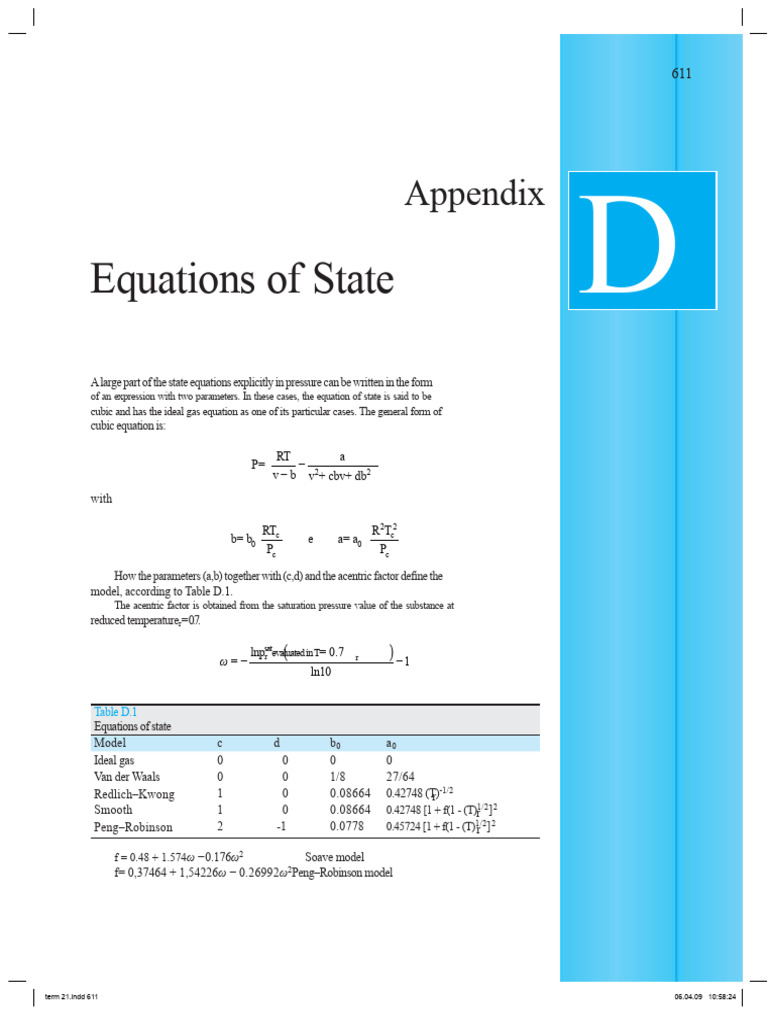Fundamentals of Thermodynamics - Appendix D (Equations of State) | PDF | Physics | Liquids
