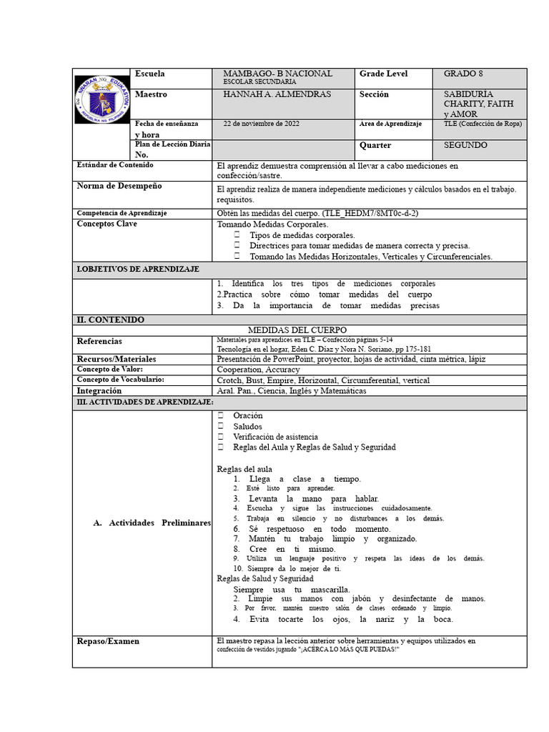 Plan de Lección TLE 8 Confección de Ropa | PDF | Medición | Aprendizaje