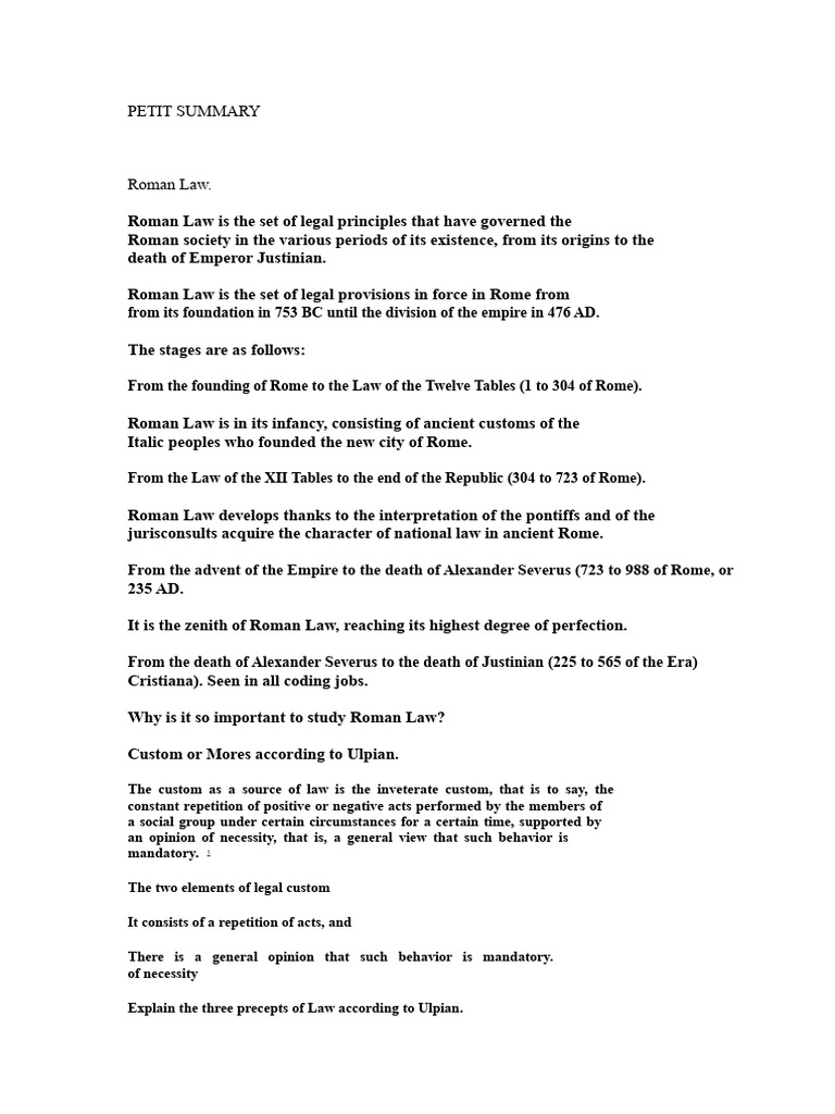 SUMMARY OF ROMAN LAW PETIT | PDF | Marriage | Roman Law