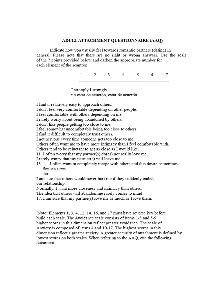 Adult Attachment Questionnaire Guide | PDF
