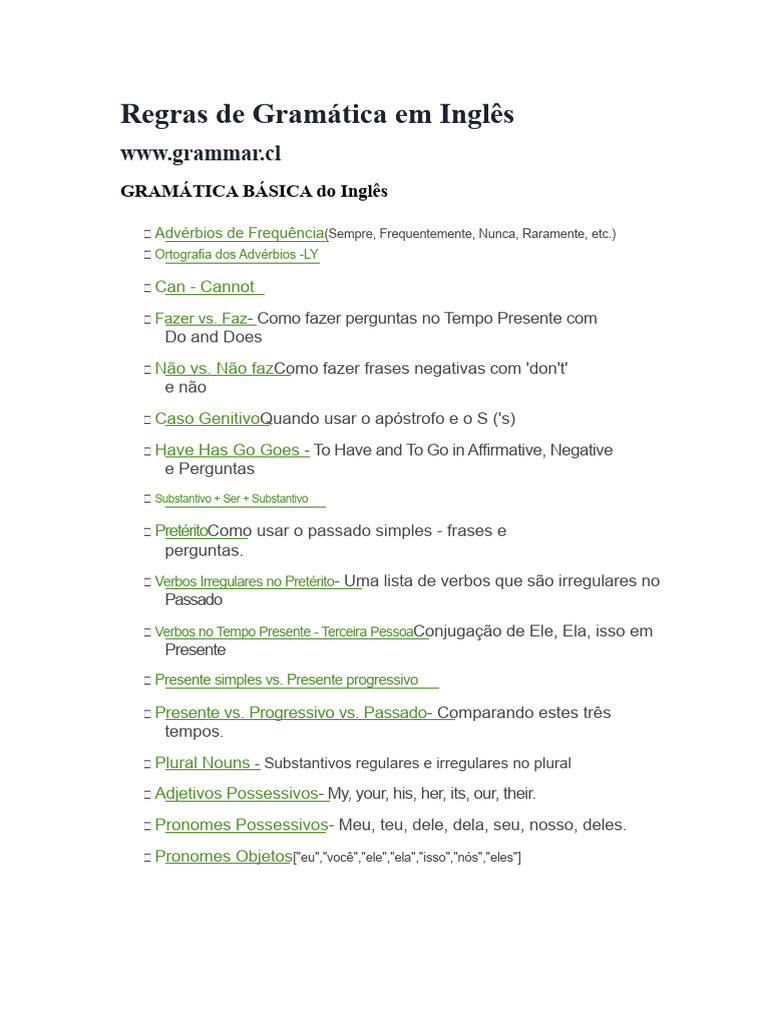 Regras de Gramática Básica em Inglês | PDF | Plural | Assunto (gramática)