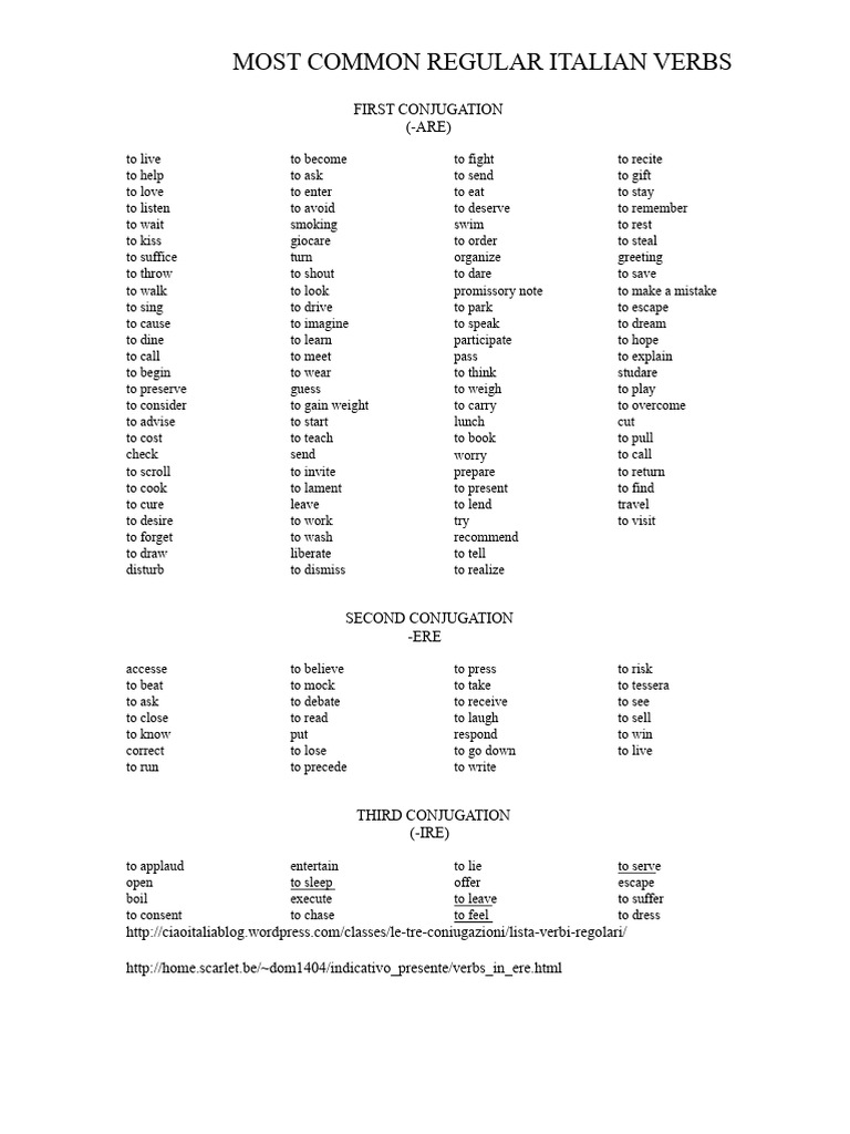 MOST COMMON ITALIAN VERBS | PDF | Grammatical Conjugation