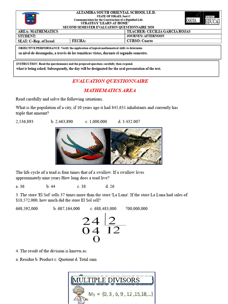 Mathematics Assessment Questionnaire Fourth Grade 2020 | PDF ...