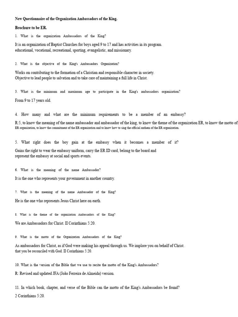 New Questionnaire of the Organization Ambassadors of the King | PDF ...