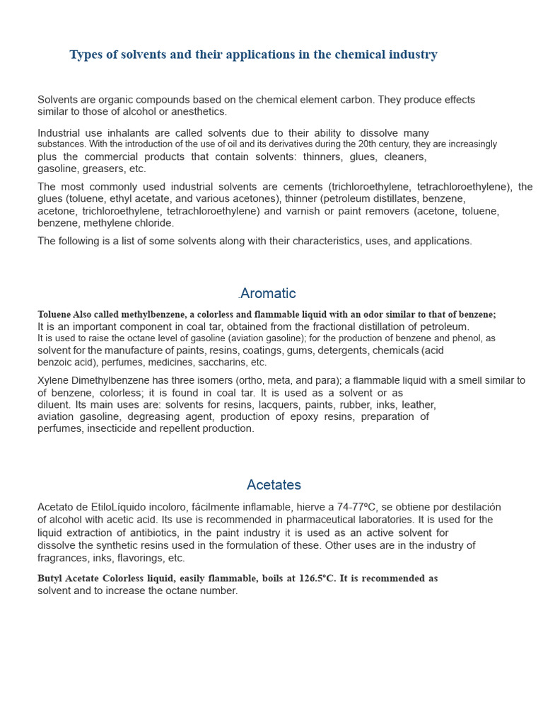 Solvent Types and Industrial Uses | PDF | Toluene | Solvent