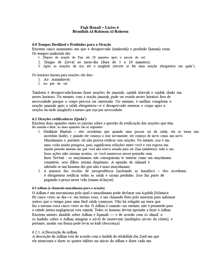 Aula 6 de Fiqh Hanafi | PDF | Oração | Maomé