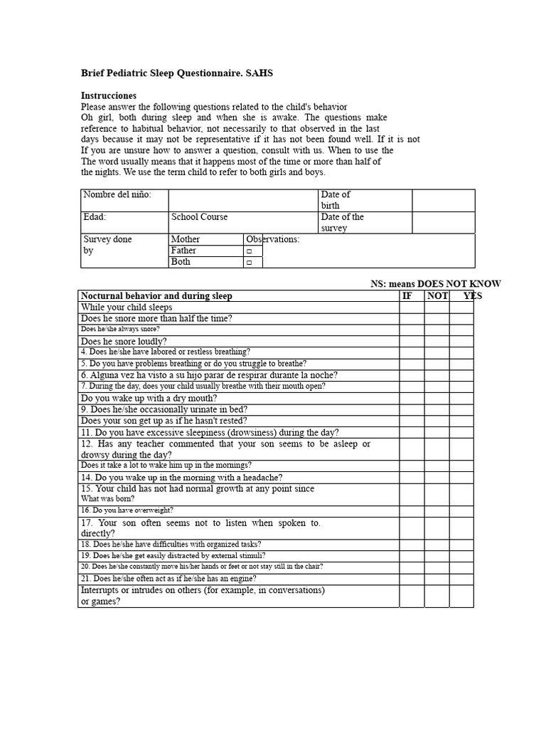 Pediatric Sleep Behavior Questionnaire | PDF | Snoring | Sleep