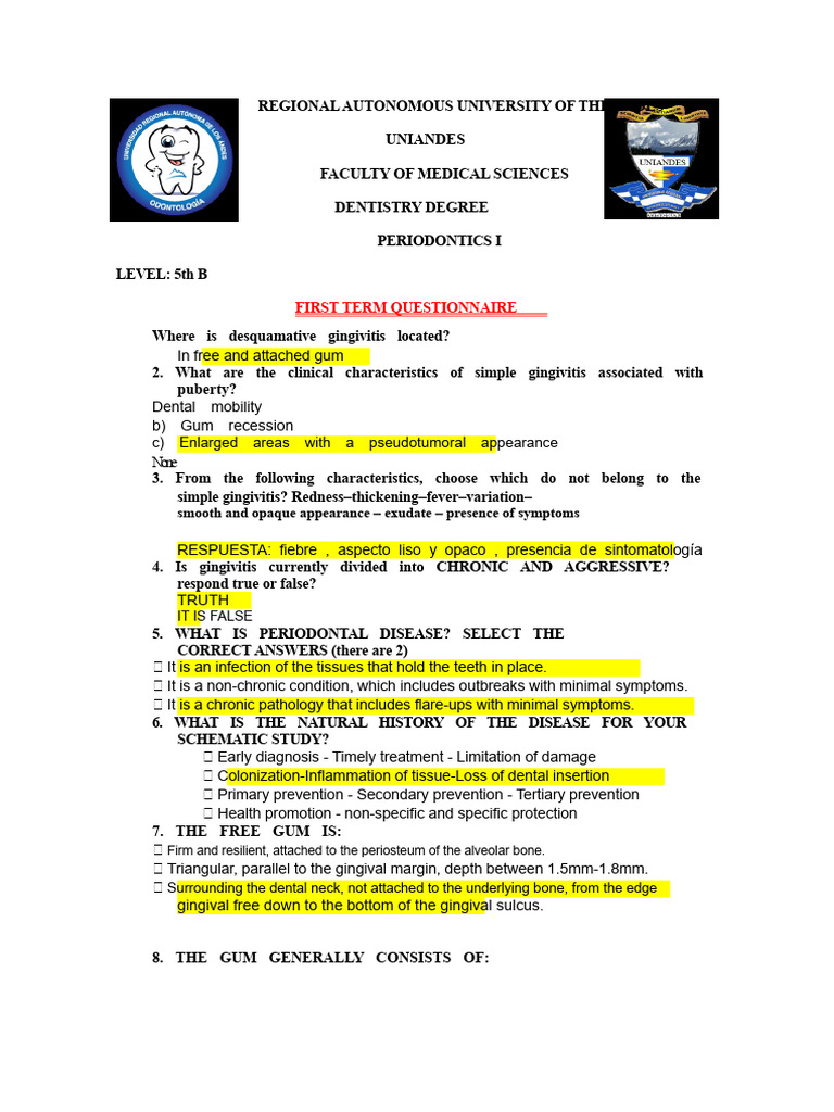 Periodontics I: 5th Term Questionnaire | PDF | Periodontology | Human Tooth