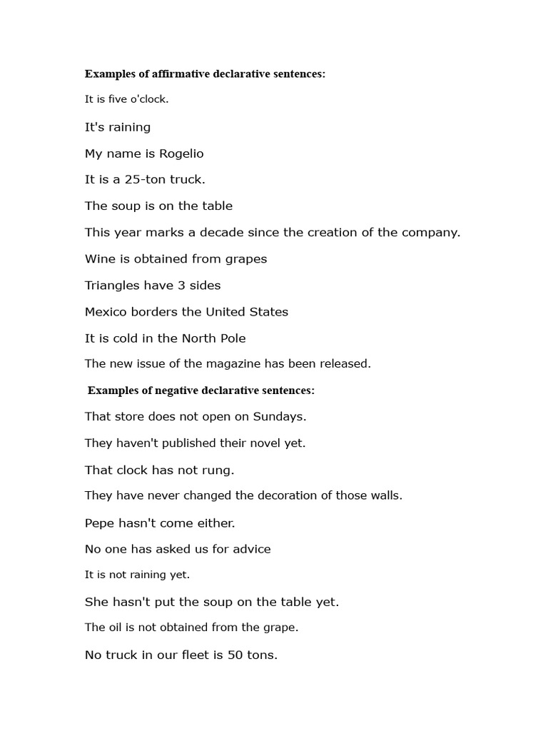 Examples of Affirmative Declarative Sentences | PDF