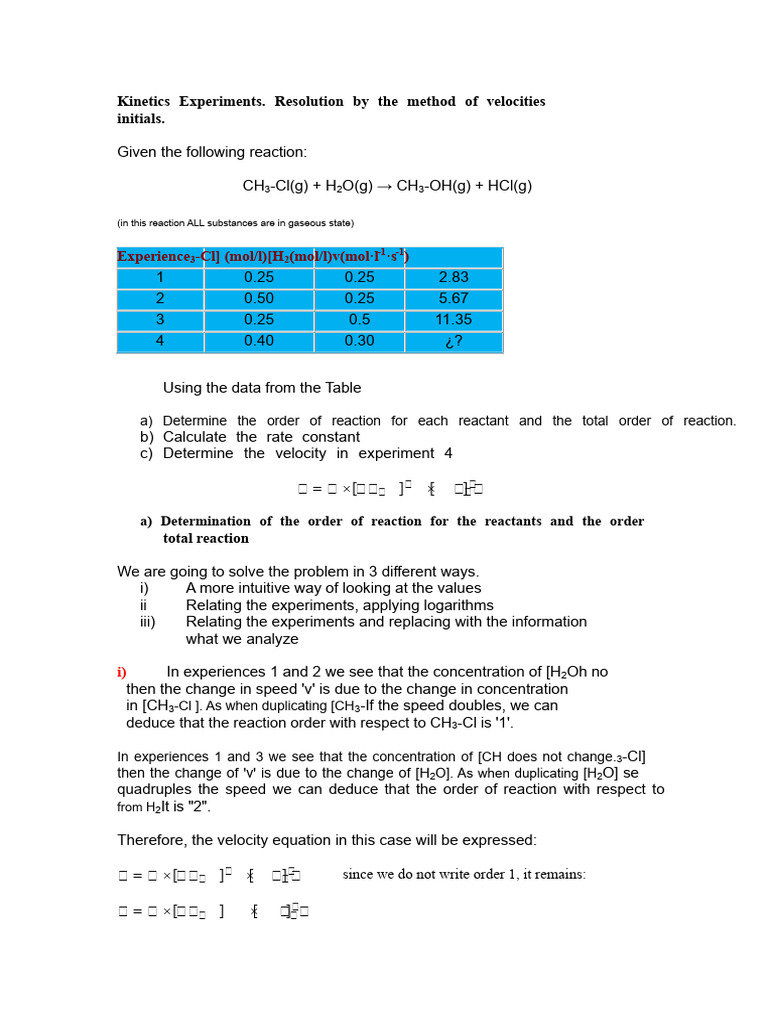 Solved Exercise of Chemical Kinetics. Initial Rates Method | PDF