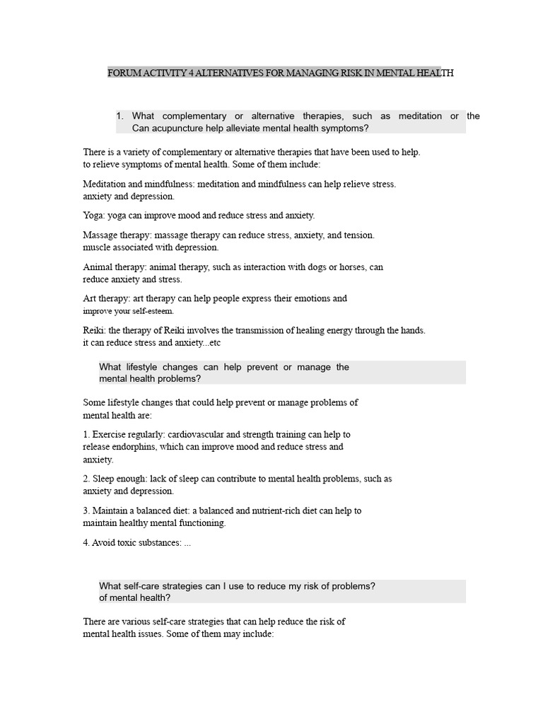 Forum Activity 4 Alternatives For Risk Management in Mental Health ...