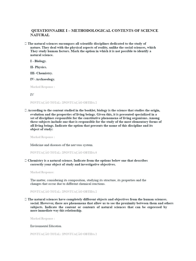 QUESTIONNAIRE I and II ON METHODOLOGIES OF NATURAL SCIENCES AND ...