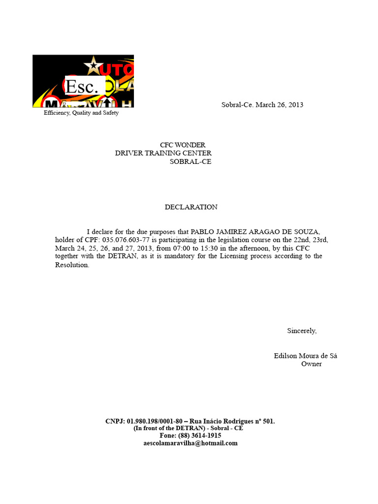Student Work Declaration, OBS (Wonderful Driving School) | PDF ...
